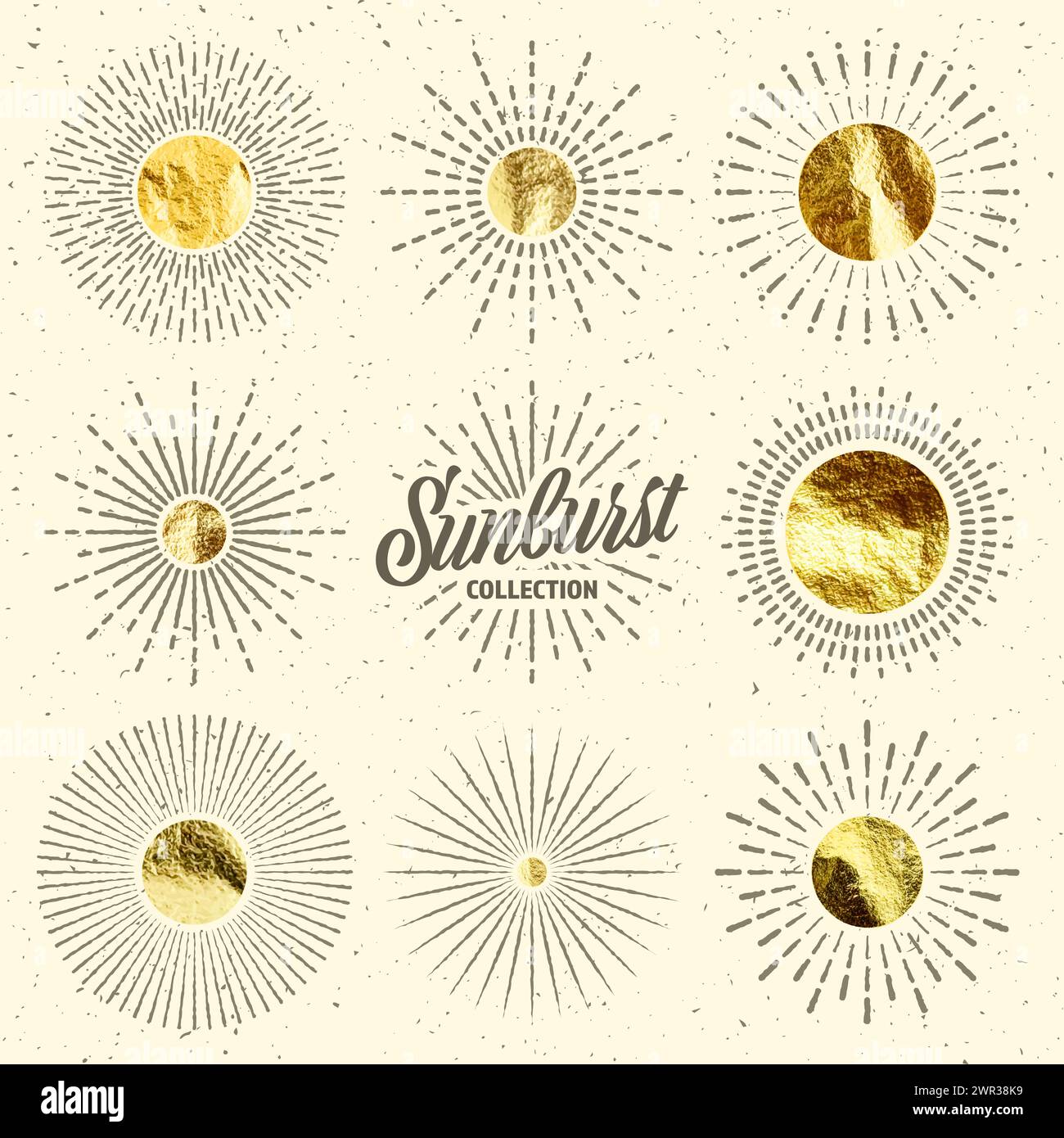 Vintage grunge sunburst sunset beams. Gold foil, shiny handmade circles ...