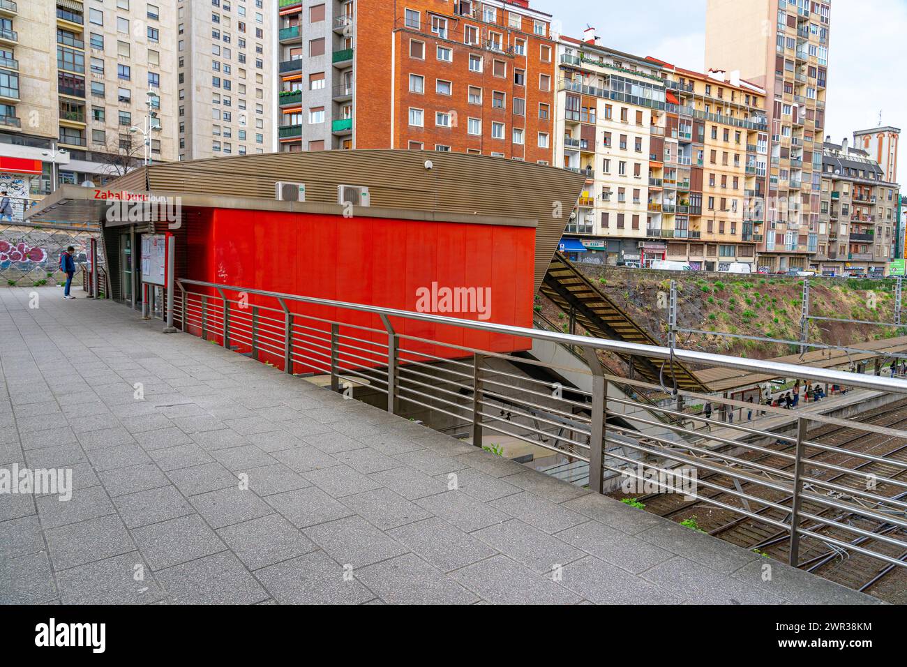 upper floor of Zabalburu railway station with trains moving. Bilbao ...