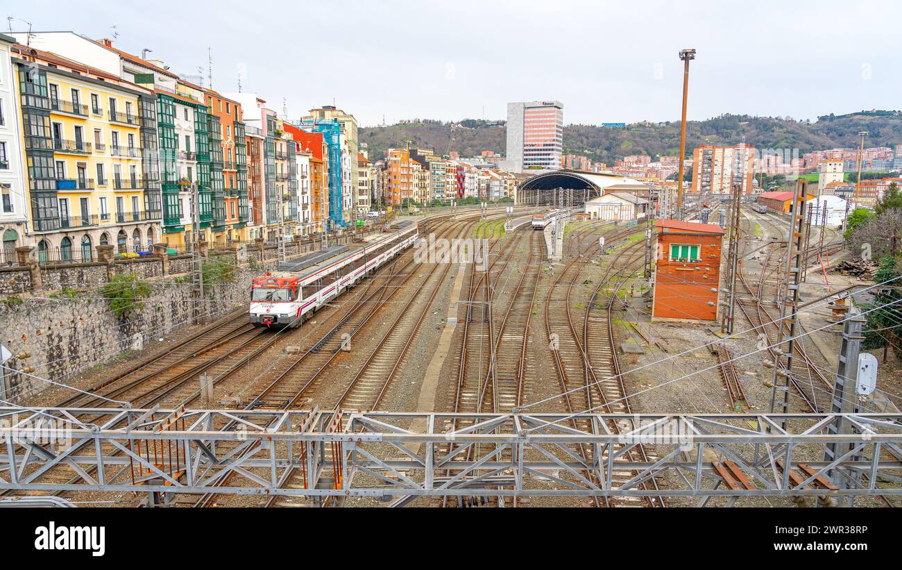 upper floor of Zabalburu railway station with trains moving. Bilbao ...
