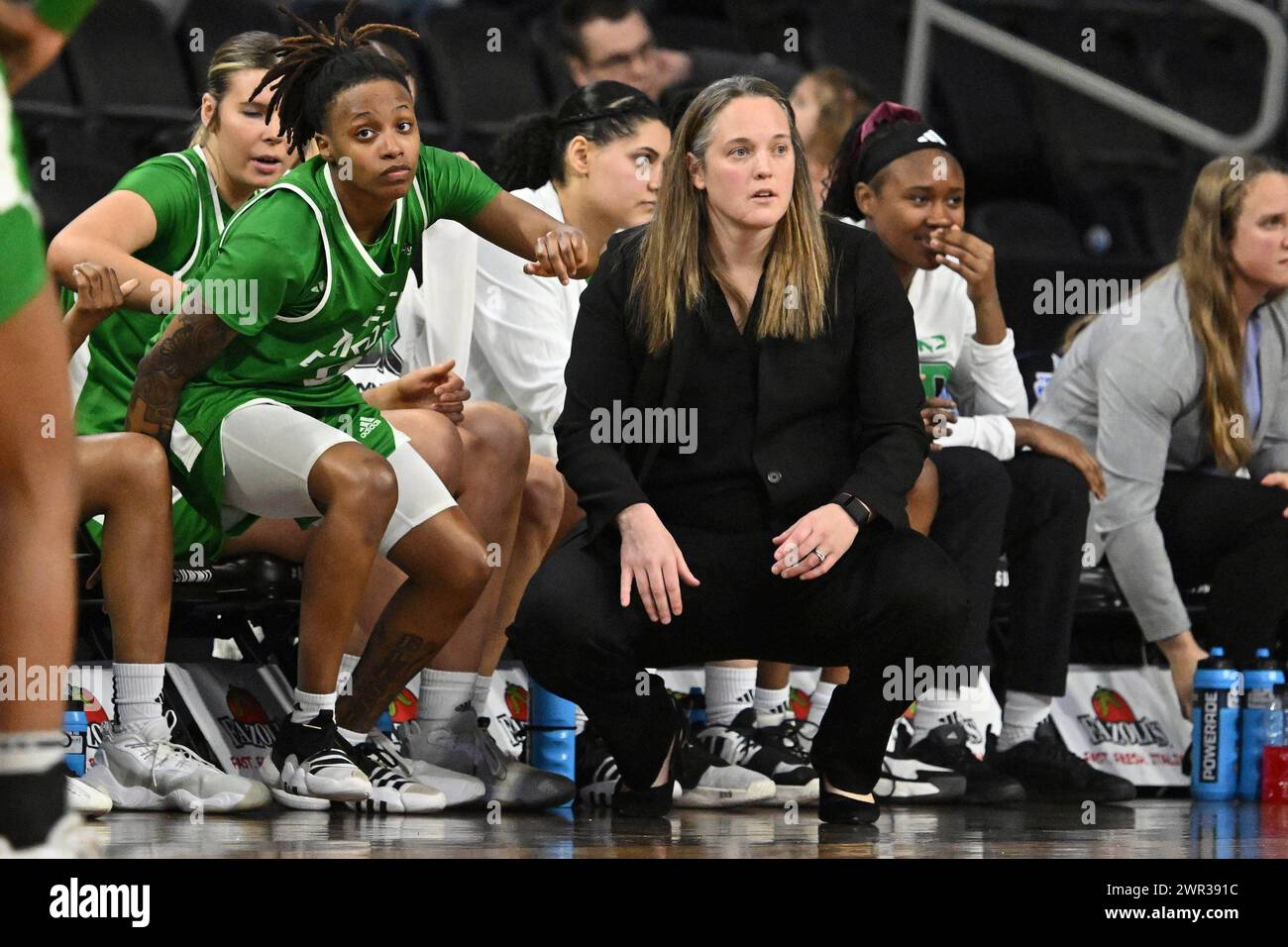 North Dakota Fighting Hawks head coach Mallory Bernhard watches the ...