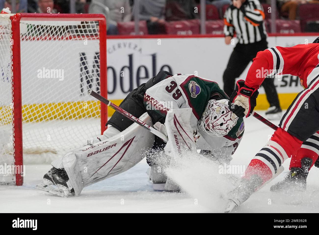 Arizona Coyotes goaltender Connor Ingram makes as save on the Chicago ...