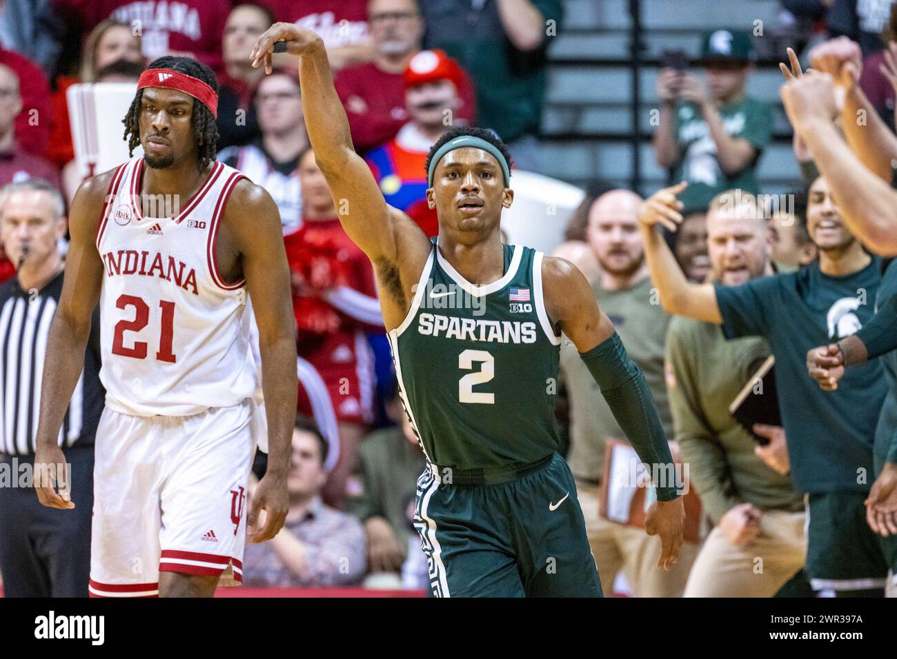 Michigan State guard Tyson Walker (2) reacts after hitting a 3-point basket during the second ...