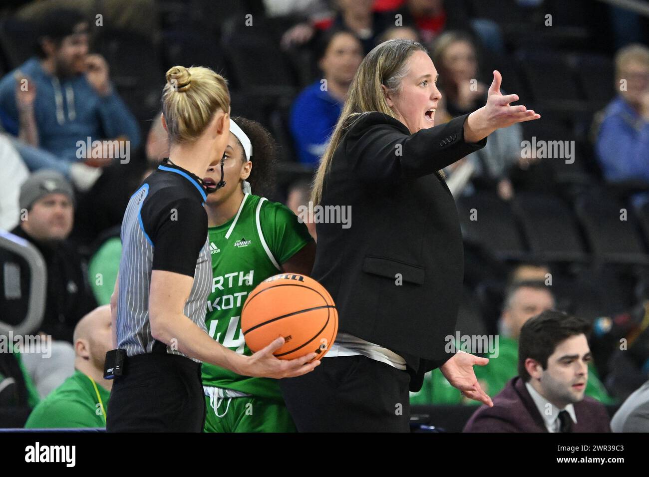 North Dakota Fighting Hawks head coach Mallory Bernhard reacts to a ...