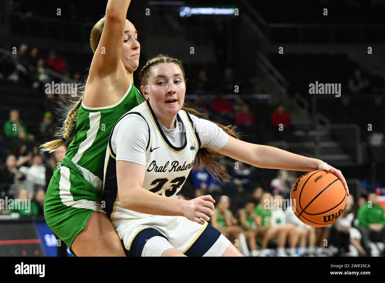 Oral Roberts Golden Eagles forward Emily Robinson (23) drives to the ...