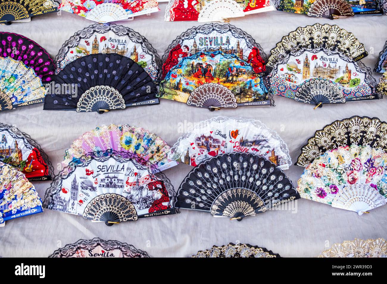 Beautiful, colorful flamenco fans in Seville, Andalusia, Spain Stock ...