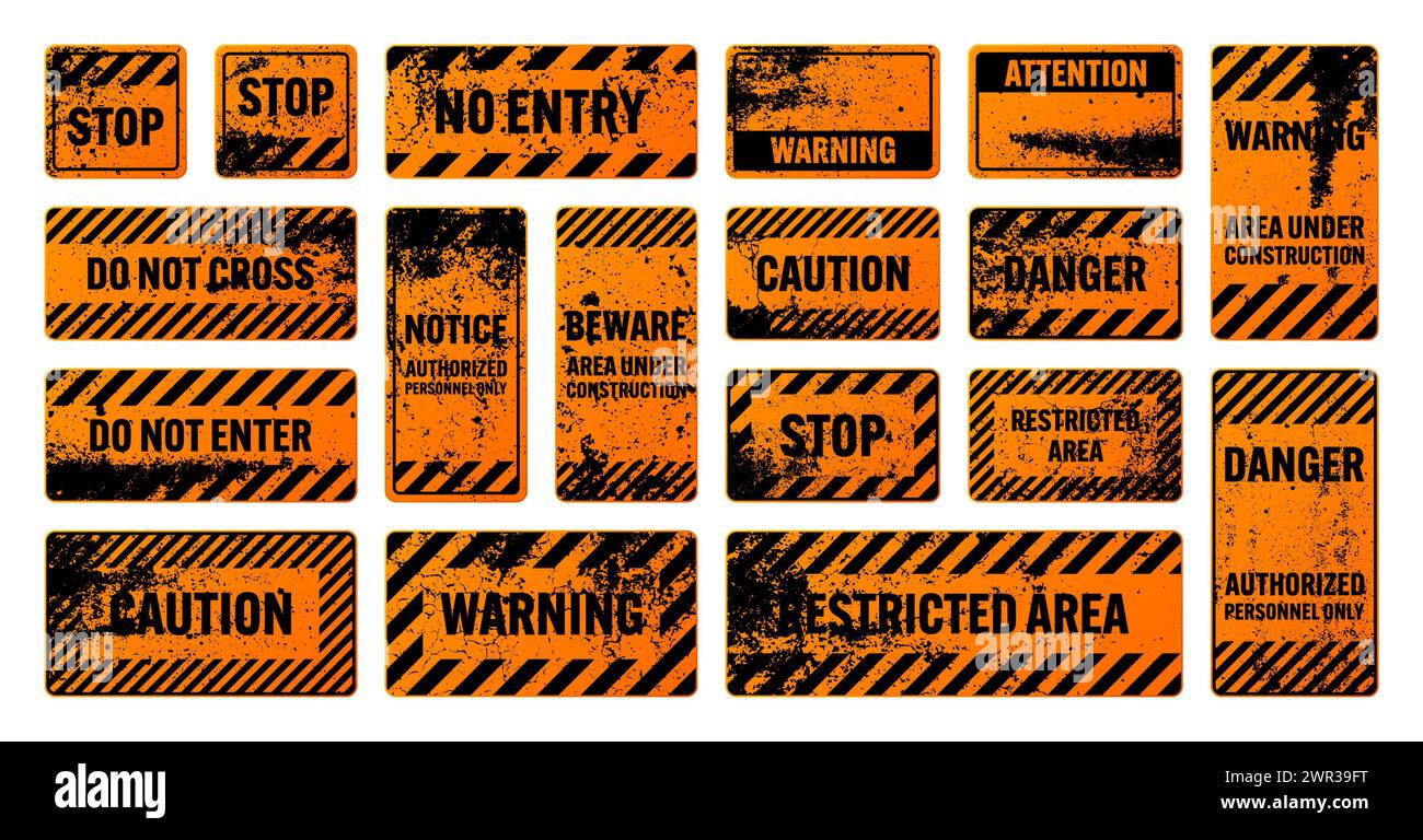 Orange grunge warning signs with diagonal lines. Old attention, danger ...