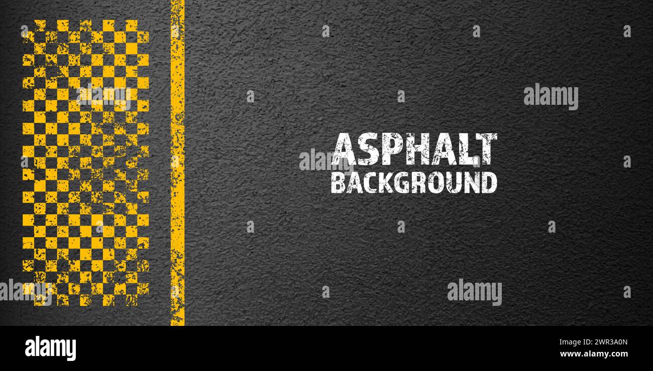 Asphalt road with yellow cracked lane marking, concrete highway surface ...