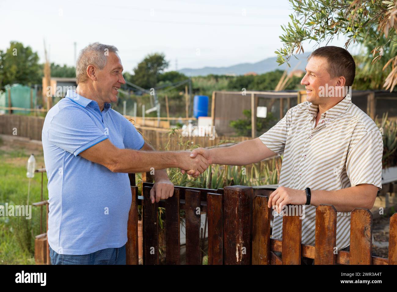 Neighbours talking over fence hi-res stock photography and images - Alamy