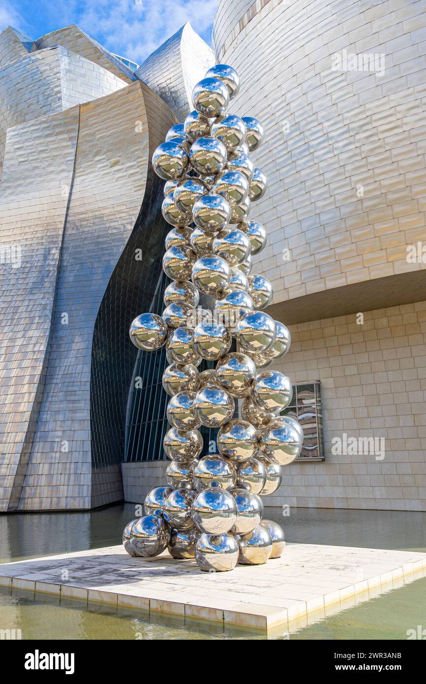 work of art tree with chrome metallized spheres, work by artist Anish Kappor.Bilbau-spain.11-3 ...