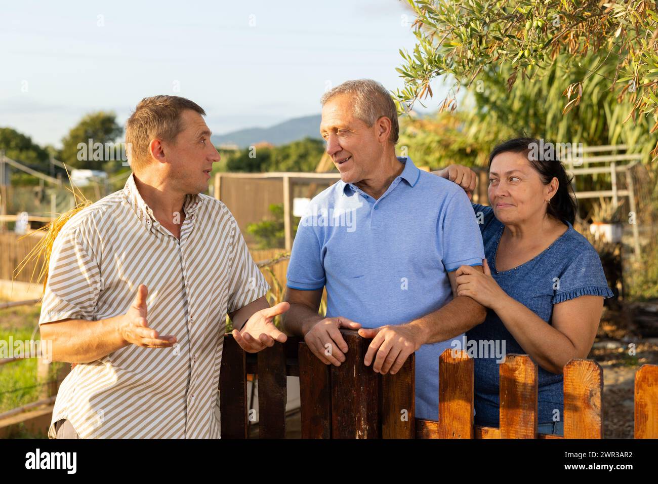 Three neighbours farmers talking together near wooden fence in garden ...