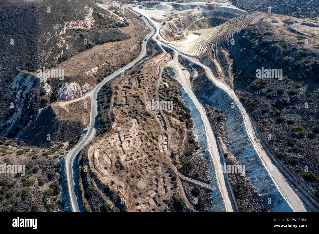 Mineral mining in the mountains near Apollonia, aerial view, Milos ...