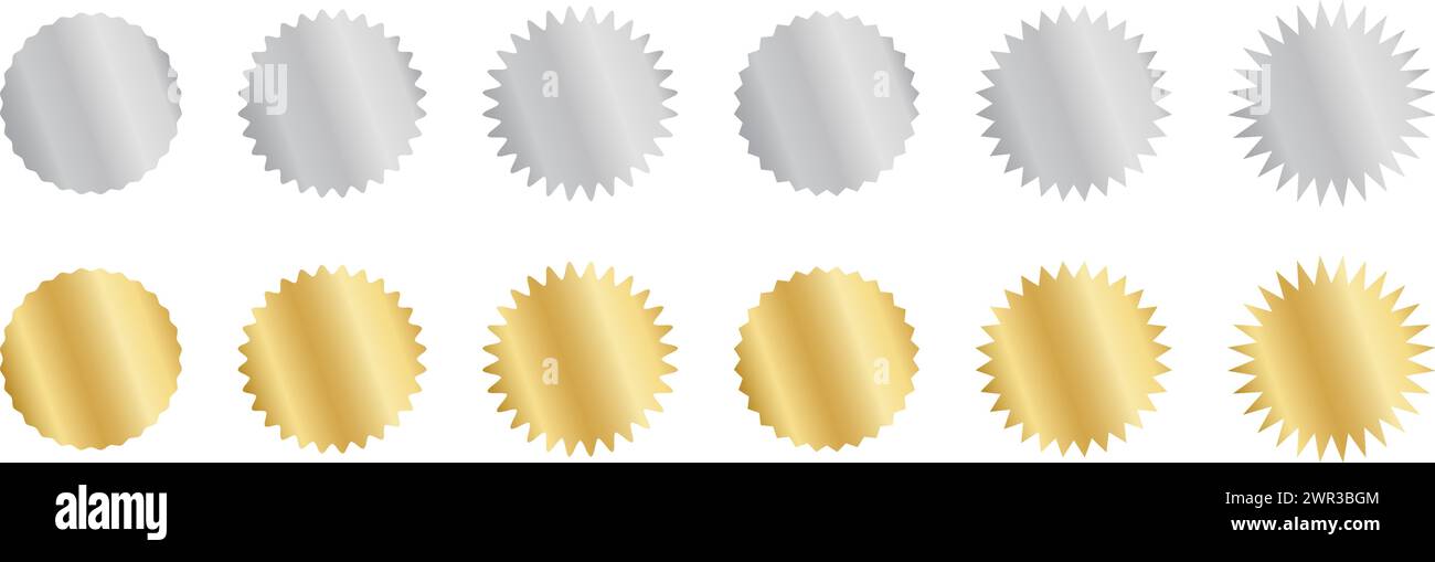 Set of silver and gold round stickers with wiggle and zigzag borders ...