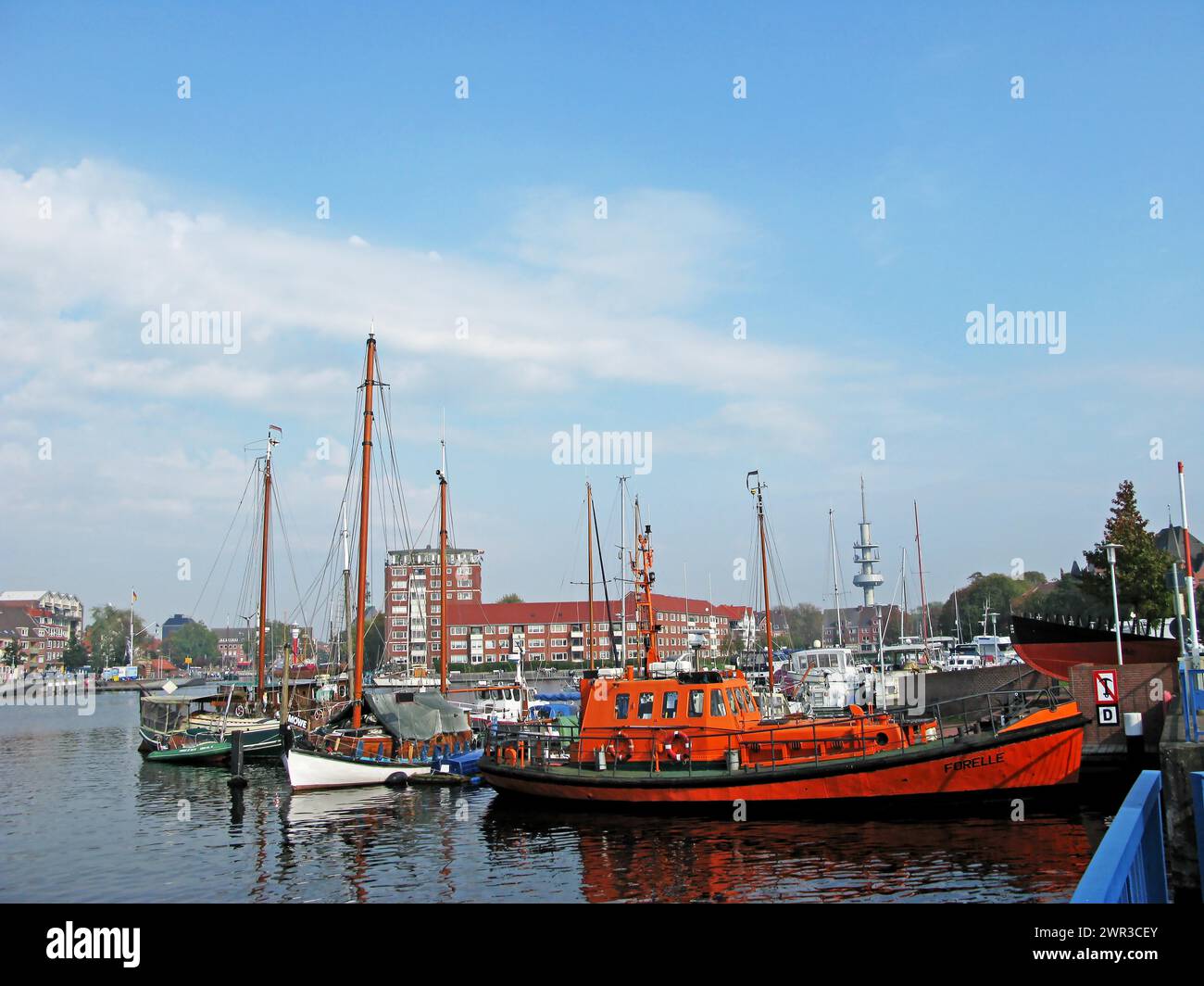 Boats, ships, town hall, Emden harbour, East Frisia, Germany Stock ...