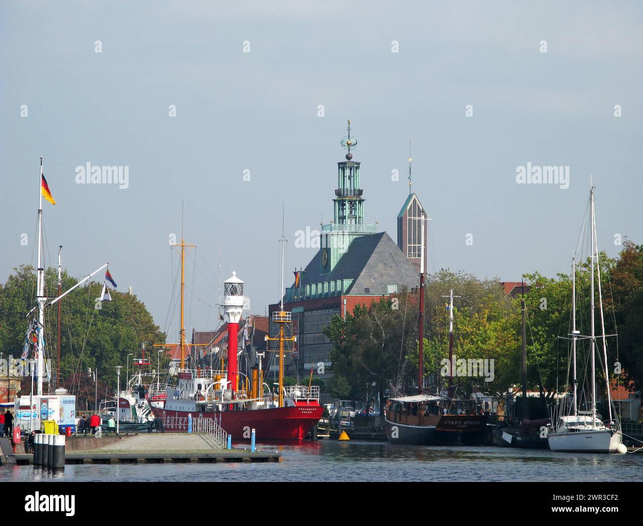 Boats, ships, town hall, Emden harbour, East Frisia, Germany Stock ...
