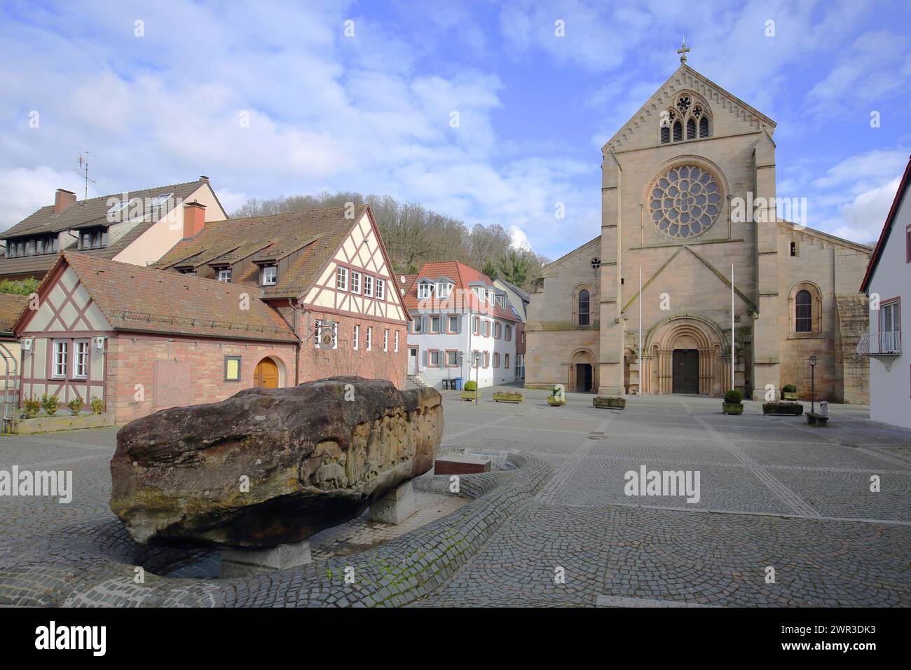 Romanesque abbey church with fountain stone, church square, Otterberg ...