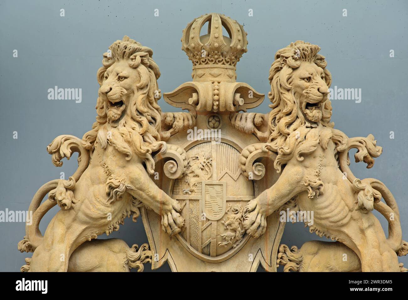 Two lion figures with coat of arms and crown from the historic Kingdom ...