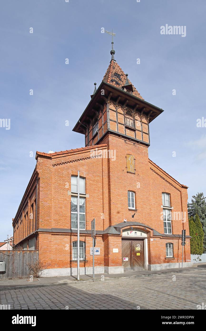 Municipal gymnasium, red brick building with spire, tower, Bad ...