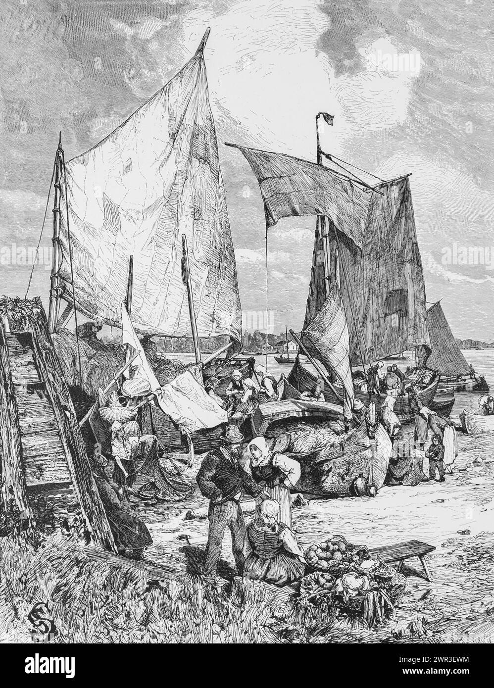 Market on the Memel, border river Russia and Lithuania, trade, people ...