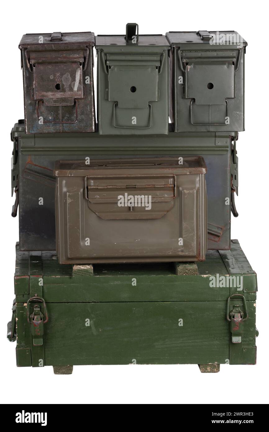 Stack of US army ammo cans and army green crate isolated on white background Stock Photo - Alamy