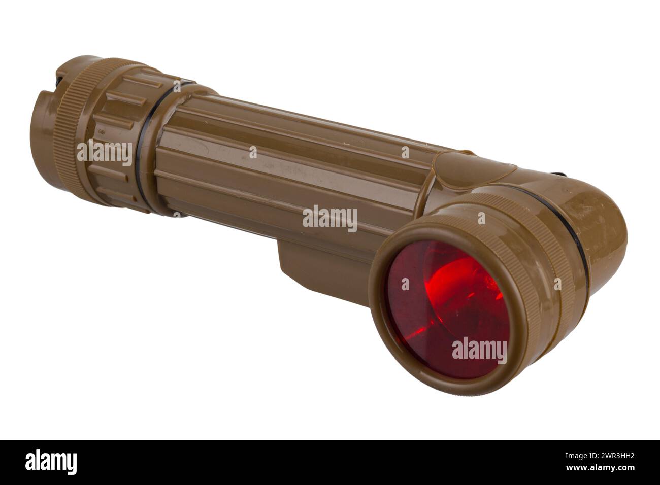 vintage military style flashlight with red light isolated on white ...