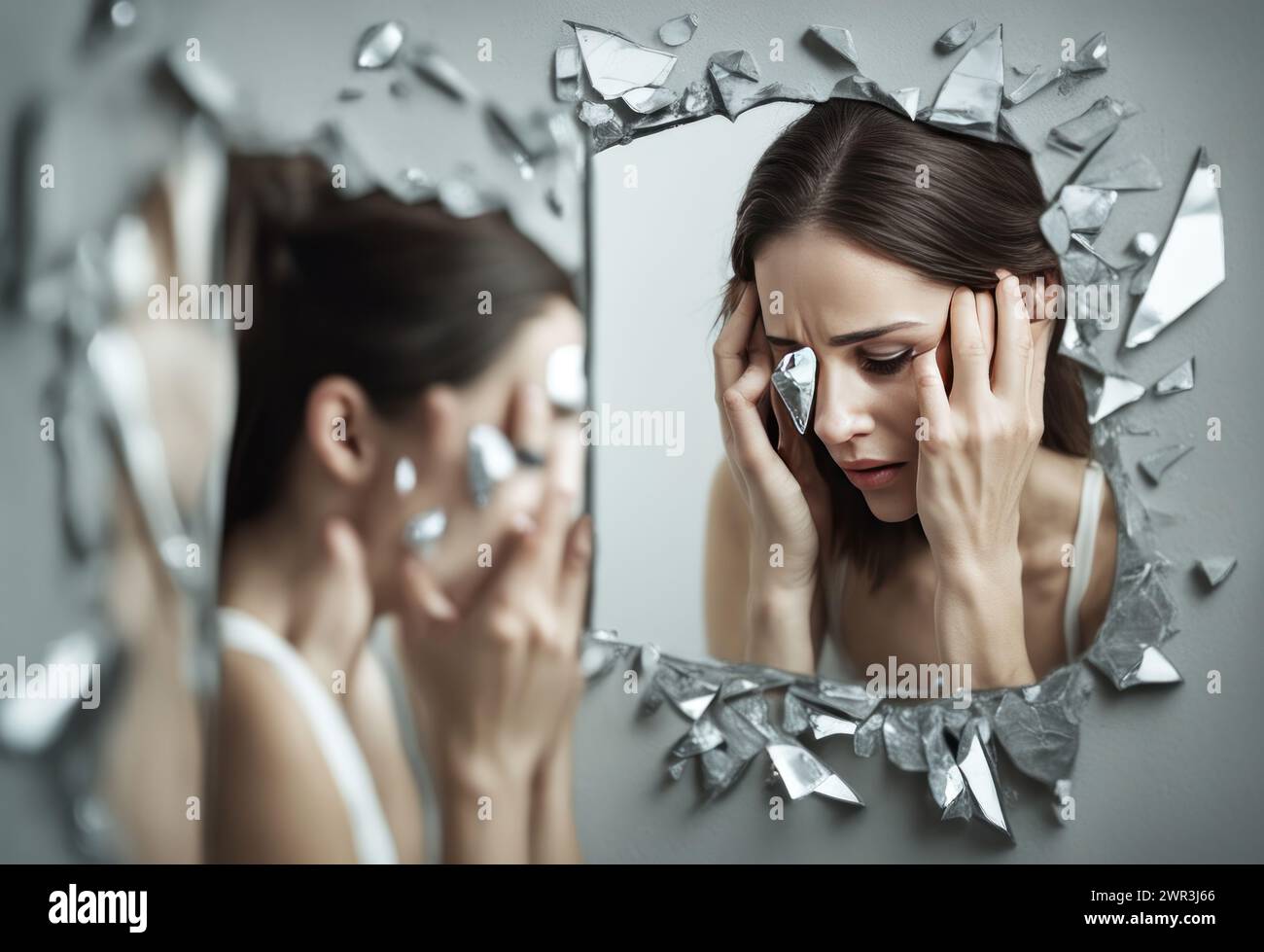 sad woman on a broken mirror Stock Photo - Alamy