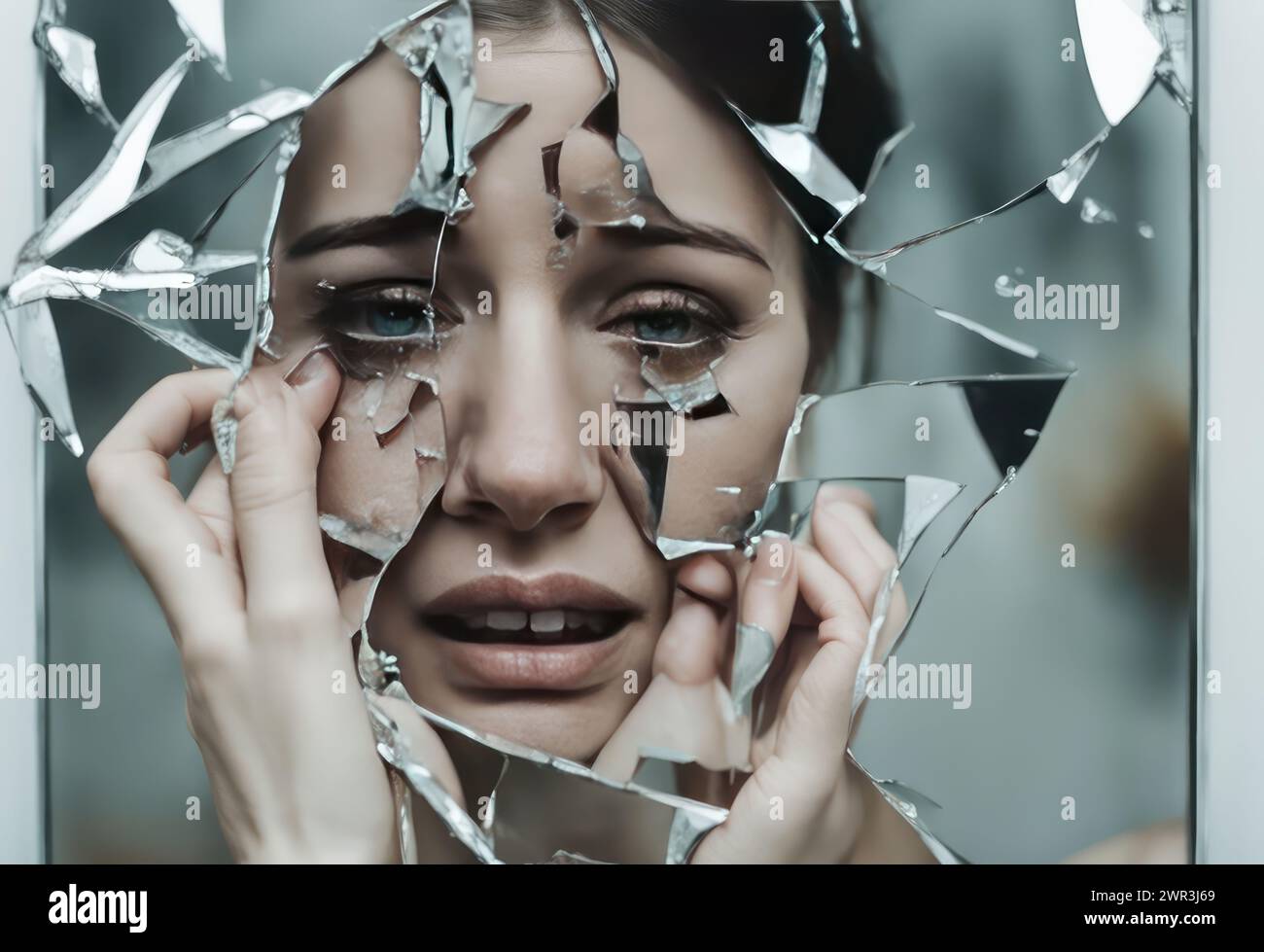 sad woman on a broken mirror Stock Photo - Alamy