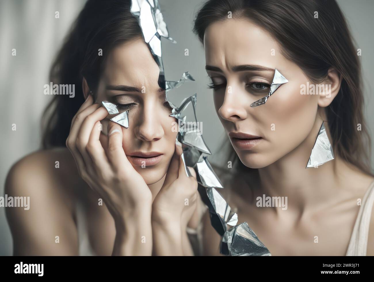 sad woman on a broken mirror Stock Photo - Alamy