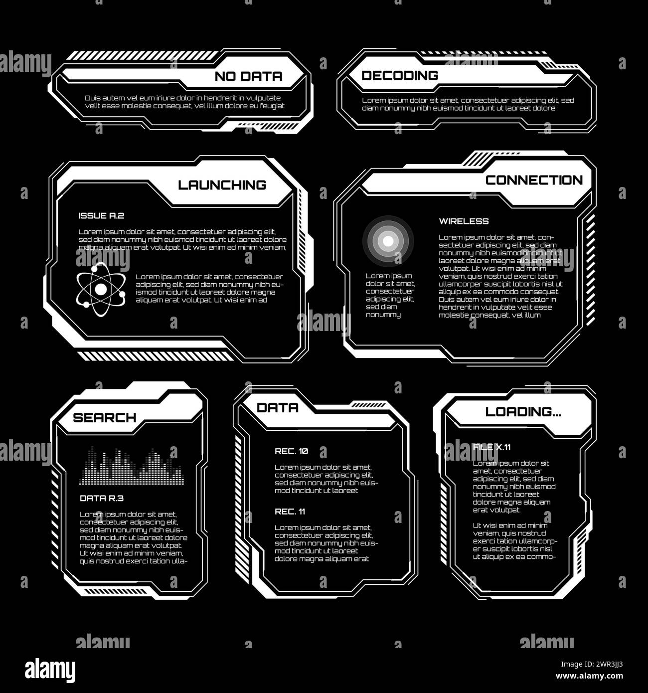 White futuristic HUD, UI elements. Sci-fi user interface text boxes ...