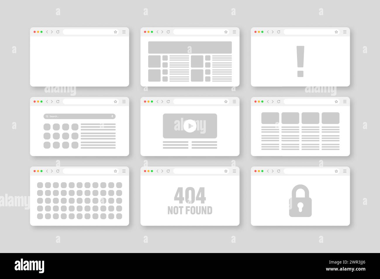 Web browser window, pages layout with toolbar and search field. Modern ...