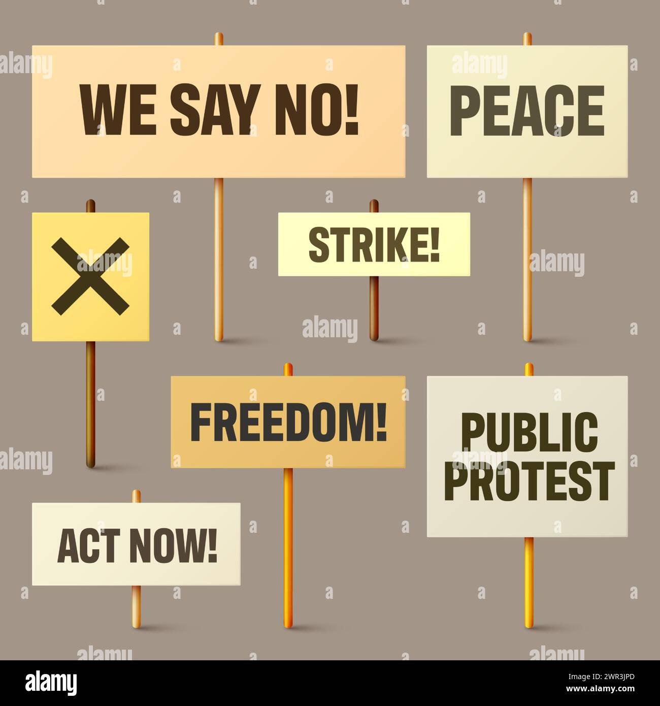 Colorful protest signs with slogan on wooden holder. Realistic vector ...