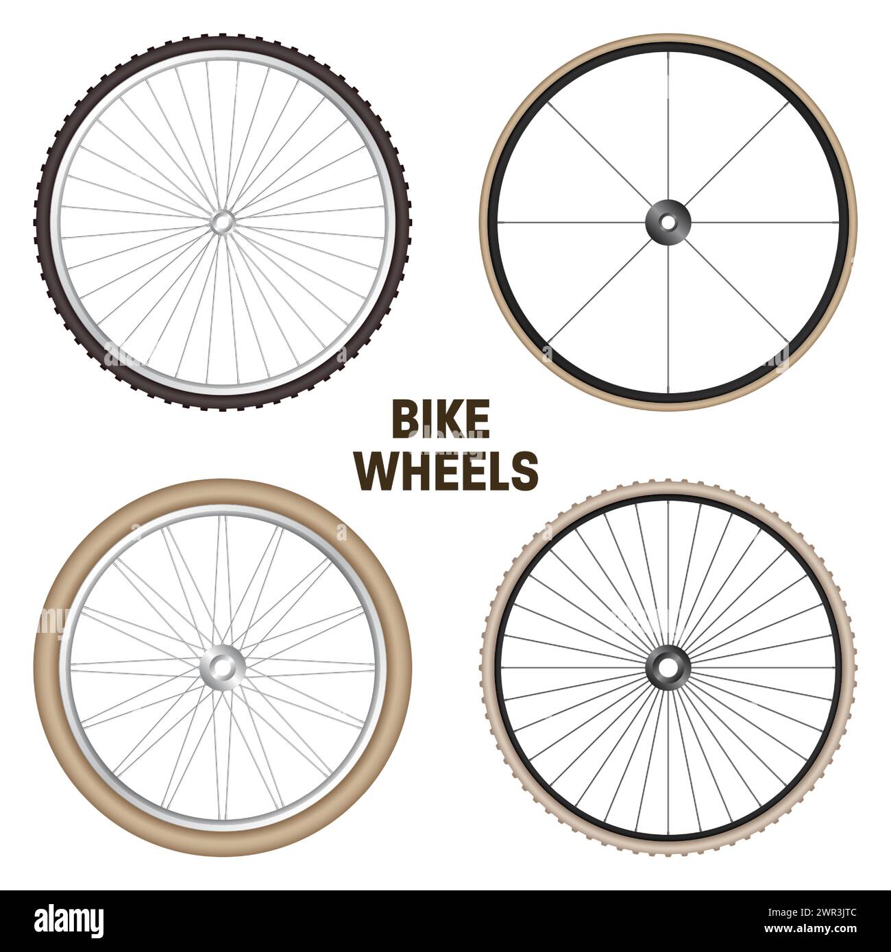 Realistic 3d retro bicycle wheels. Vintage bike rubber tyres, shiny ...