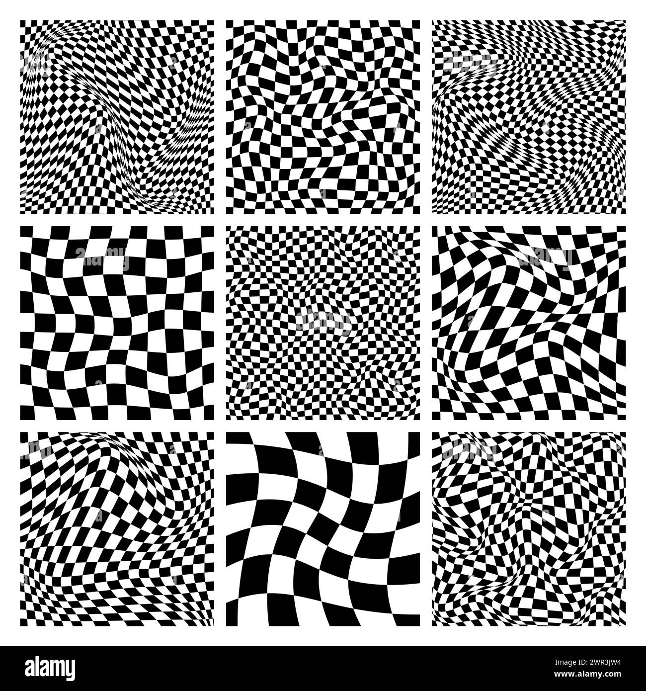 Trendy checkered pattern, black and white distorted tiled grid. Wavy curved backdrop, distortion ...