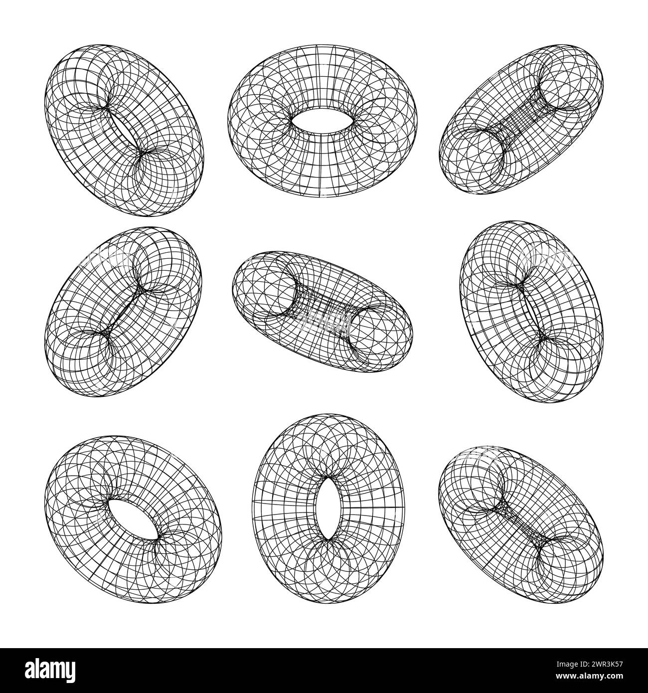 Wireframe shapes, lined torus. Perspective mesh, 3d grid. Low poly ...