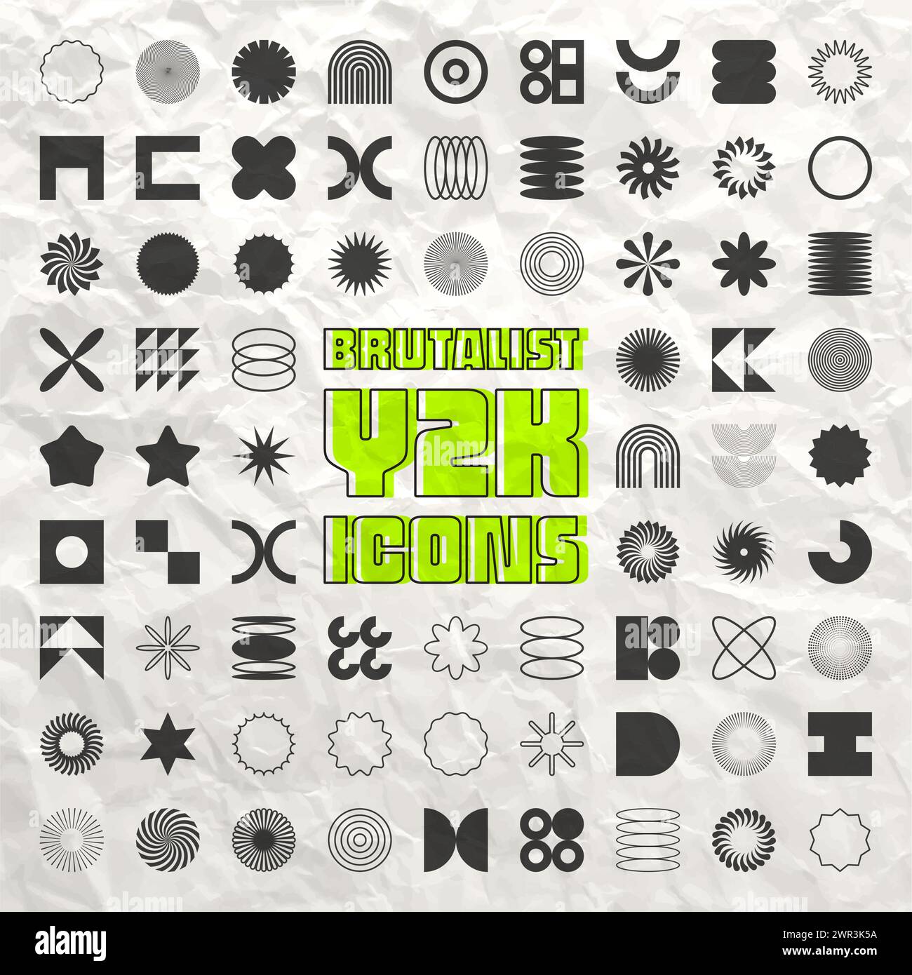 Brutalist geometric shapes, symbols. Simple primitive elements and forms, crumpled paper texture ...