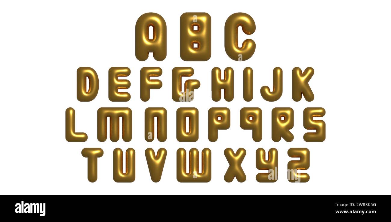 3D letters the English alphabet Y2K style. Font bubbles. Gold Metal ...