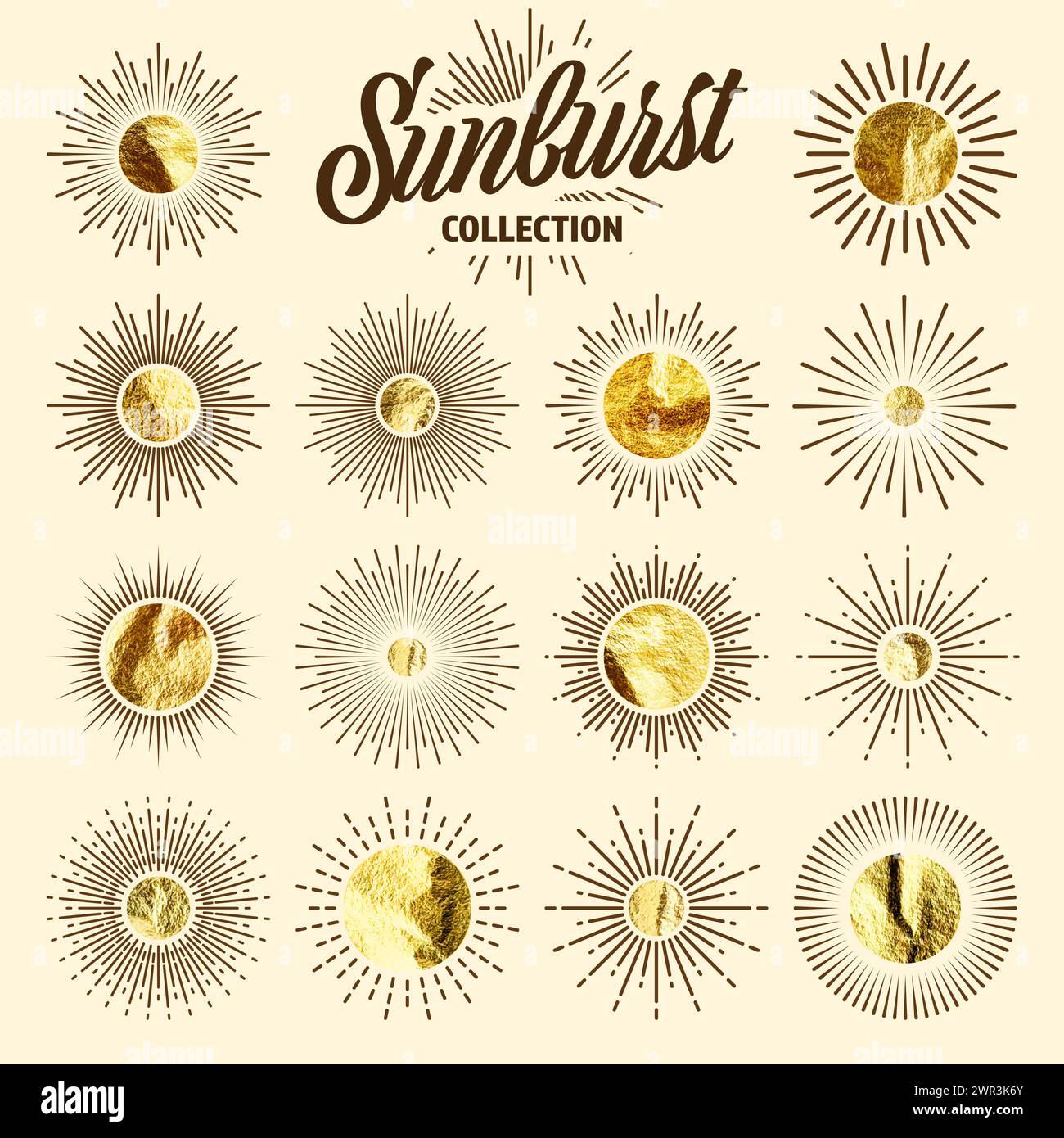 Vintage sunburst, sunset beams. Gold foil, shiny handmade circles ...