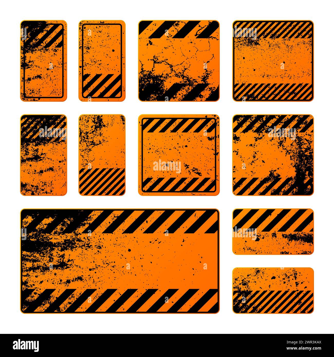 Orange grunge warning signs with diagonal lines. Old attention, danger ...