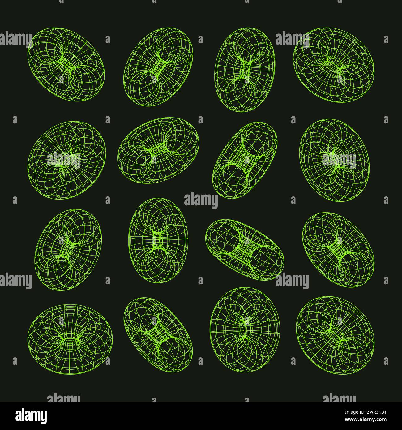 Wireframe shapes, lined torus. Perspective mesh, 3d grid. Low poly ...