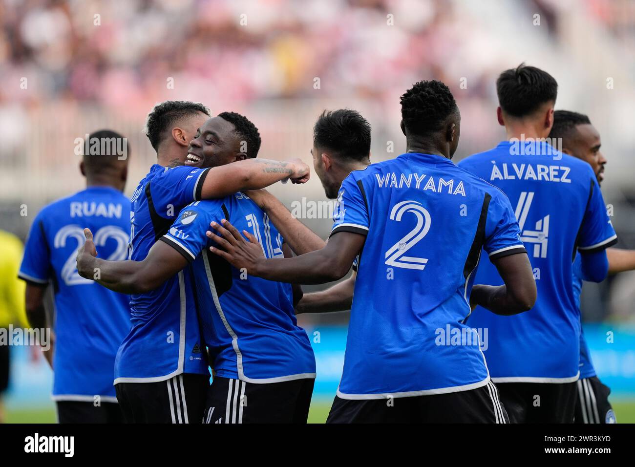 CF Montreal forward Sunusi Ibrahim (14) is congratulated by teammates ...