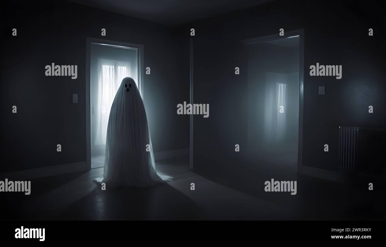 ghost in a dark room wearing a white blanket Stock Photo - Alamy
