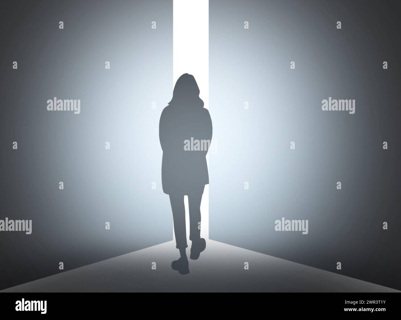 Silhouette of woman standing in front of light hole, back view Stock ...