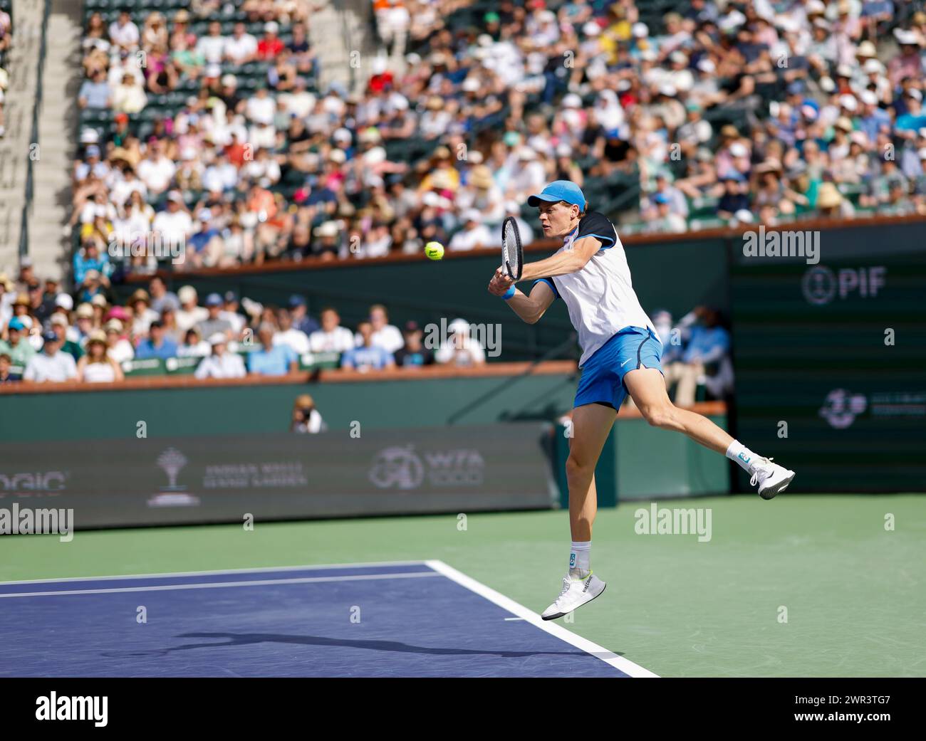 March 10, 2024 Jannik Sinner of Italy returns a shot against Jan ...