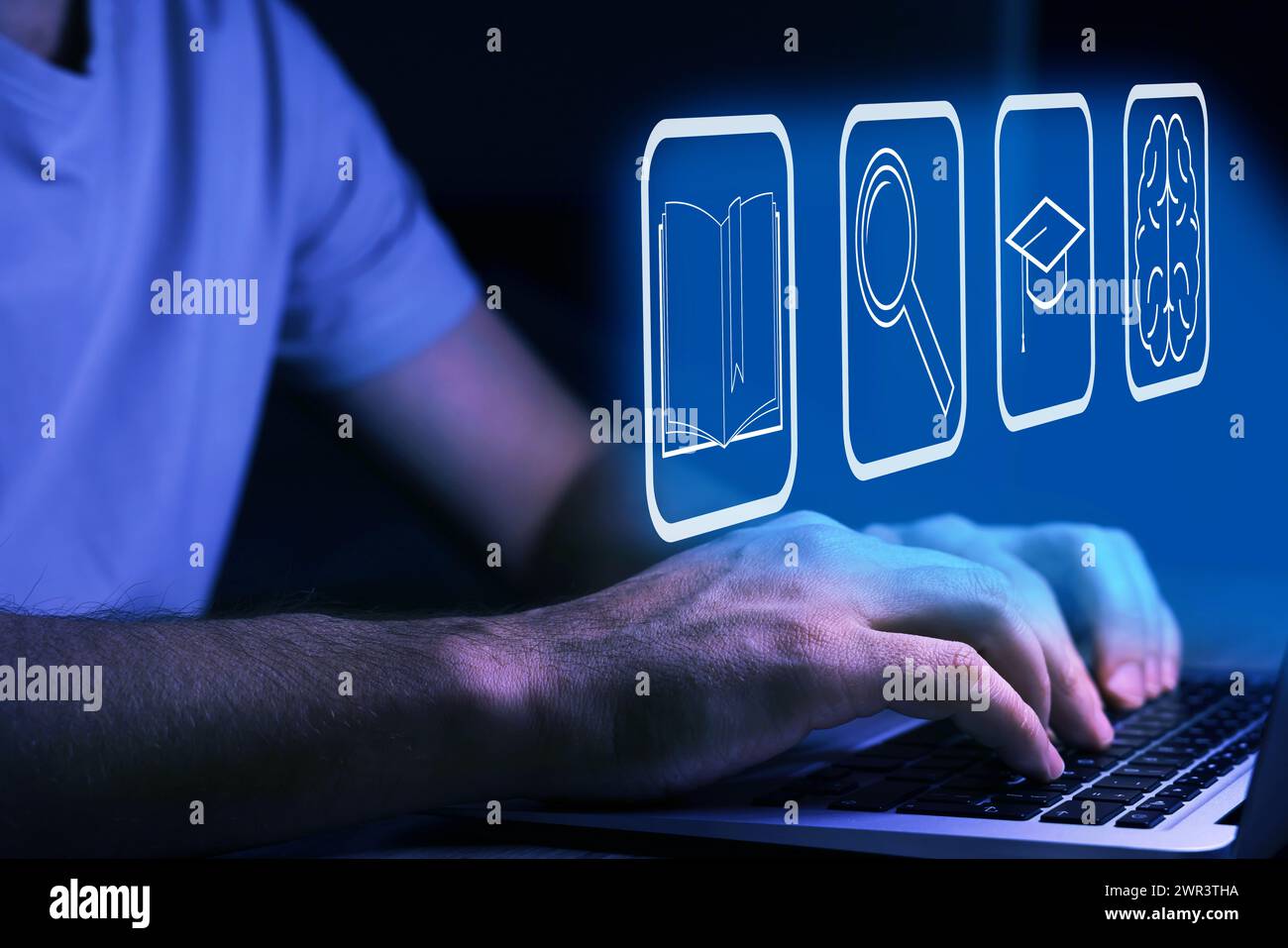 E-learning. Man working with laptop at table, closeup. Illustrations of ...