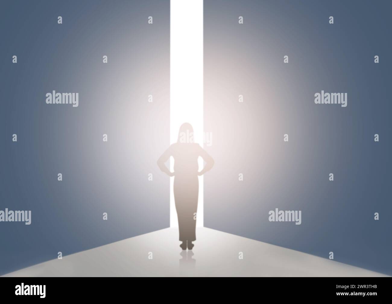 Silhouette of woman standing in front of light hole, back view Stock ...