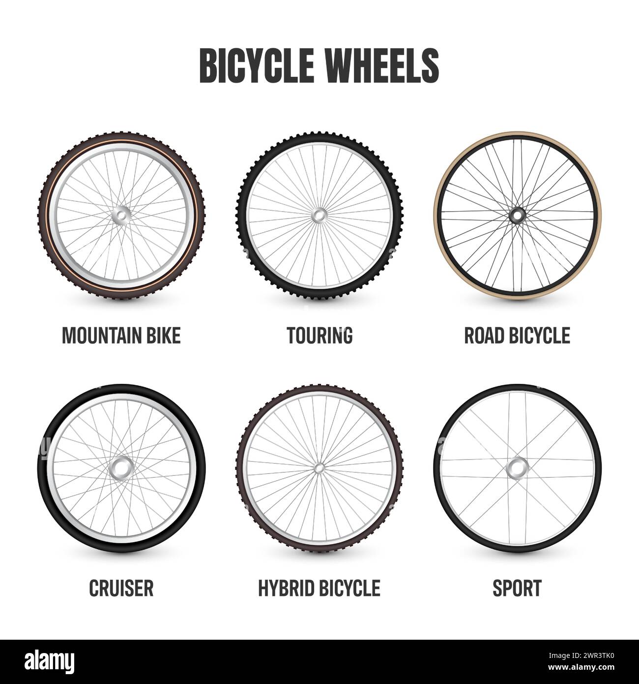 Realistic 3d retro bicycle wheels. Vintage bike rubber tyres, shiny ...