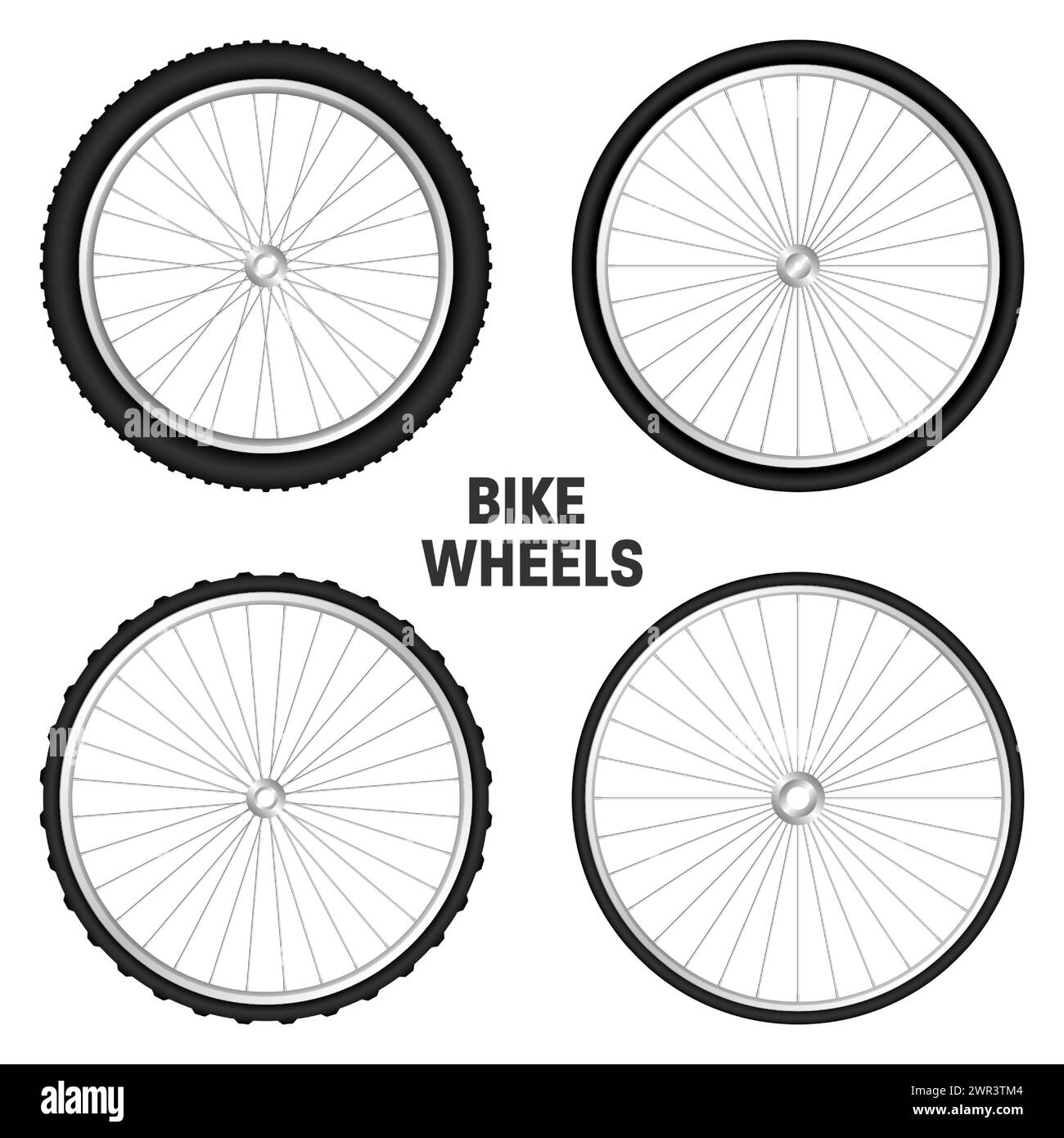 Realistic 3d bicycle wheels. Bike rubber tyres, shiny metal spokes and ...