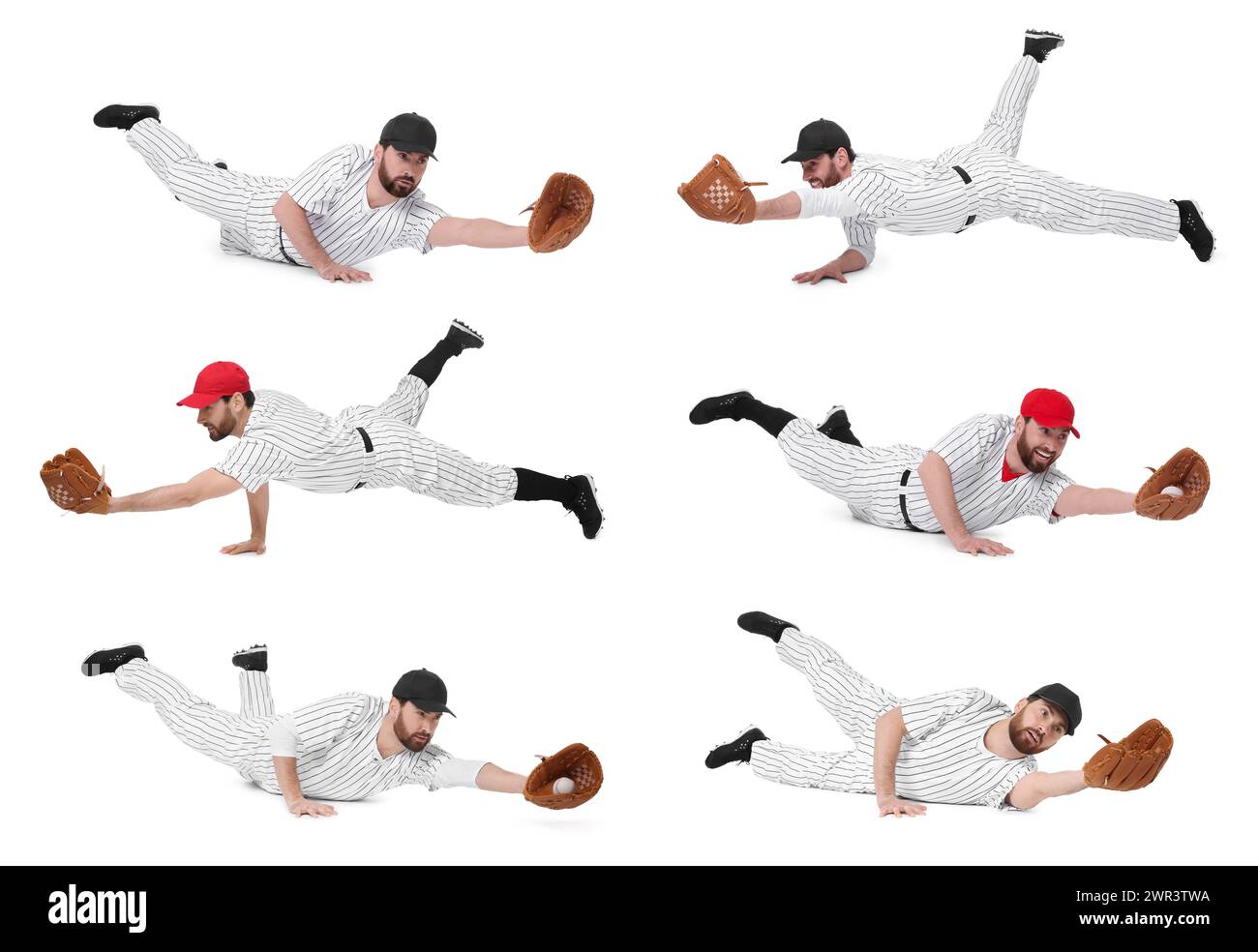 Baseball player catching ball on white background, set of photos Stock ...