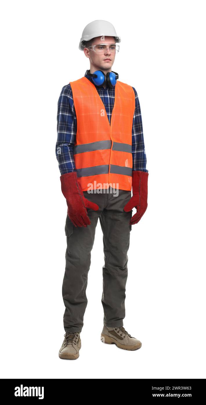 Young man wearing safety equipment on white background Stock Photo - Alamy