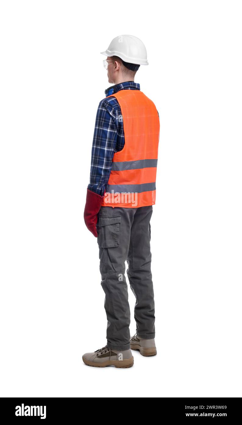 Young man wearing safety equipment on white background Stock Photo - Alamy