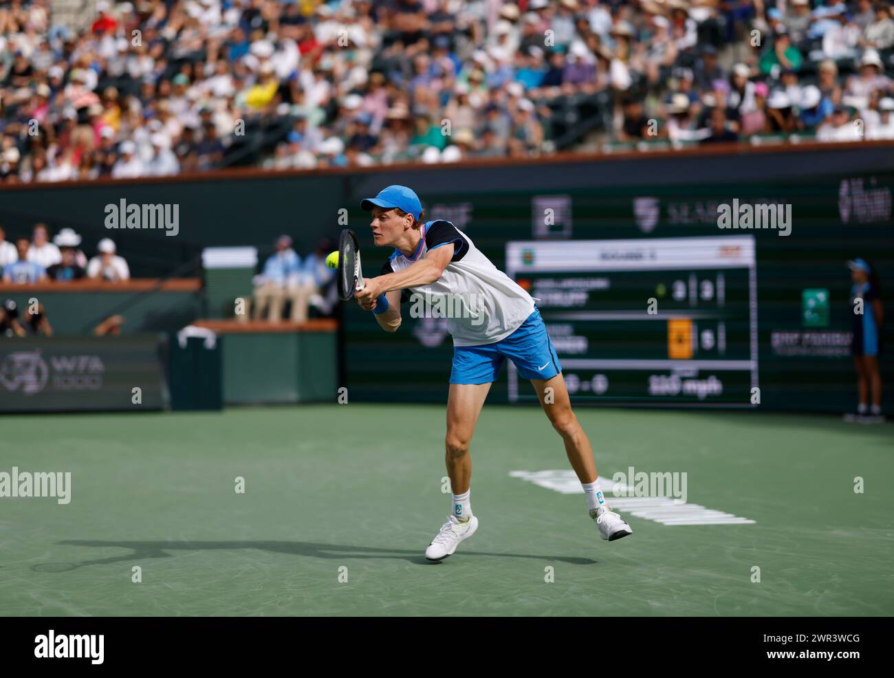 March 10, 2024 Jannik Sinner of Italy returns a shot against Jan ...